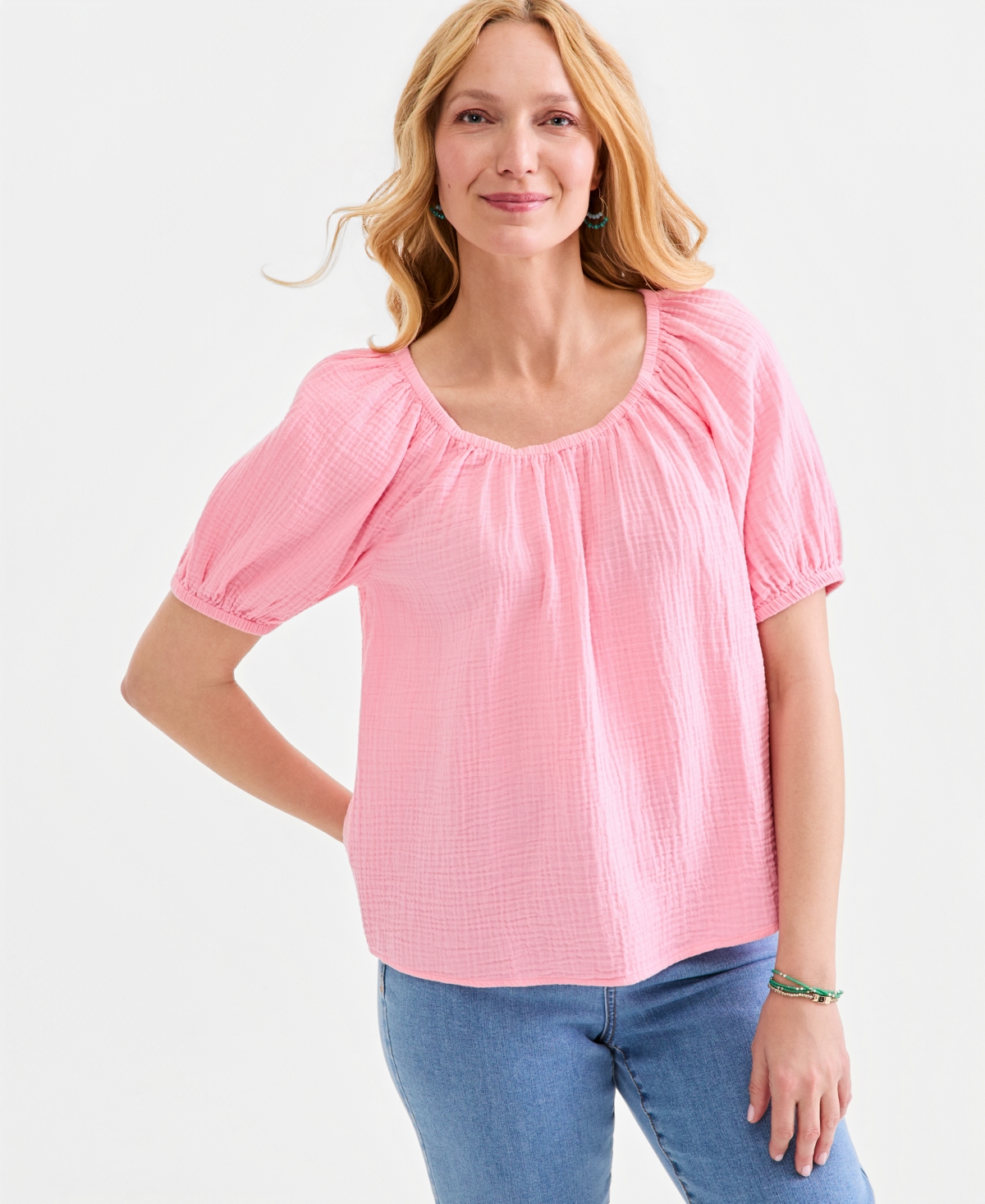 Click here for Style & Co Womens Cotton Gauze Puff-Sleeve Top  Ma... prices