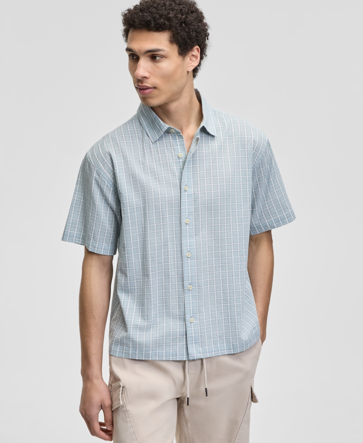 Click here for Sun + Stone Mens Relaxed Crop Nolan Plaid Shirt  M... prices