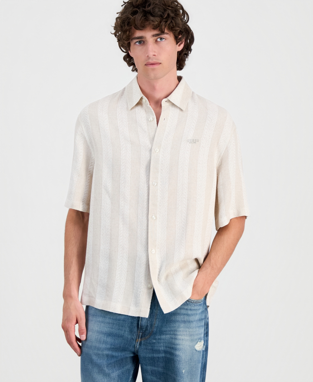 Click here for Guess Mens Textured Jacquard Button-Up Shirt - HER... prices