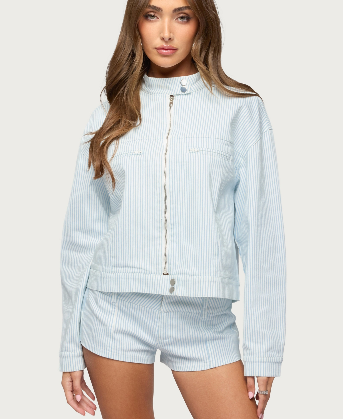 Click here for Edikted Womens Myah Pinstripe Moto Jacket - White-... prices