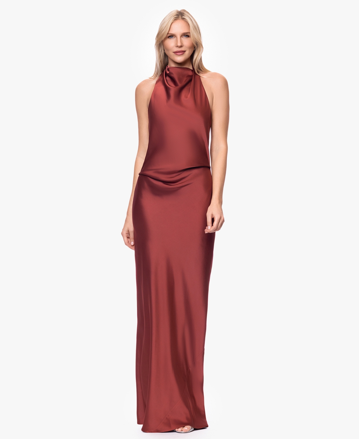 Click here for Betsy & Adam Womens Cowl Neck Halter Gown - Nutmeg prices