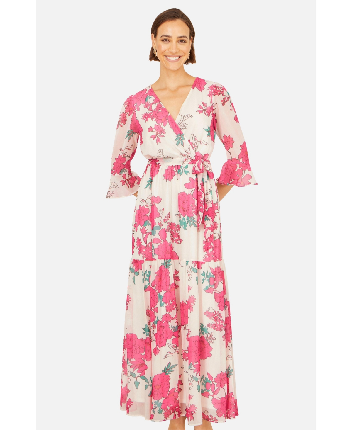 Click here for Yumi Womens Blossom Print Maxi Wrap Dress - Pink prices