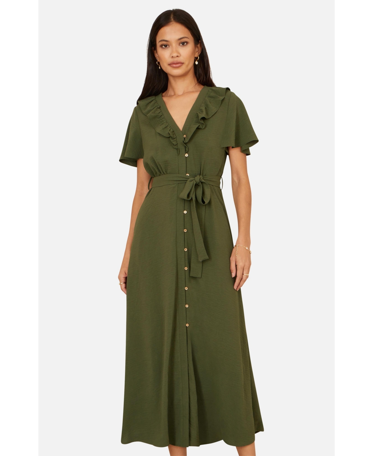 Click here for Yumi Womens Ruffle Collar Midi Shirt Dress - Green prices