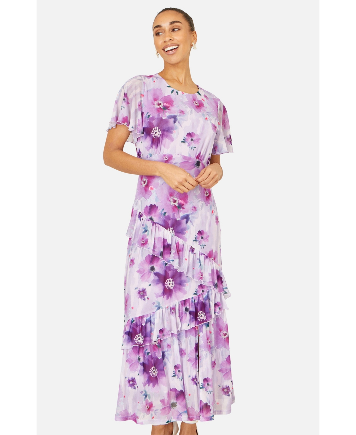 Click here for Yumi Womens Floral Print Frill Midi Dress - Lavend... prices