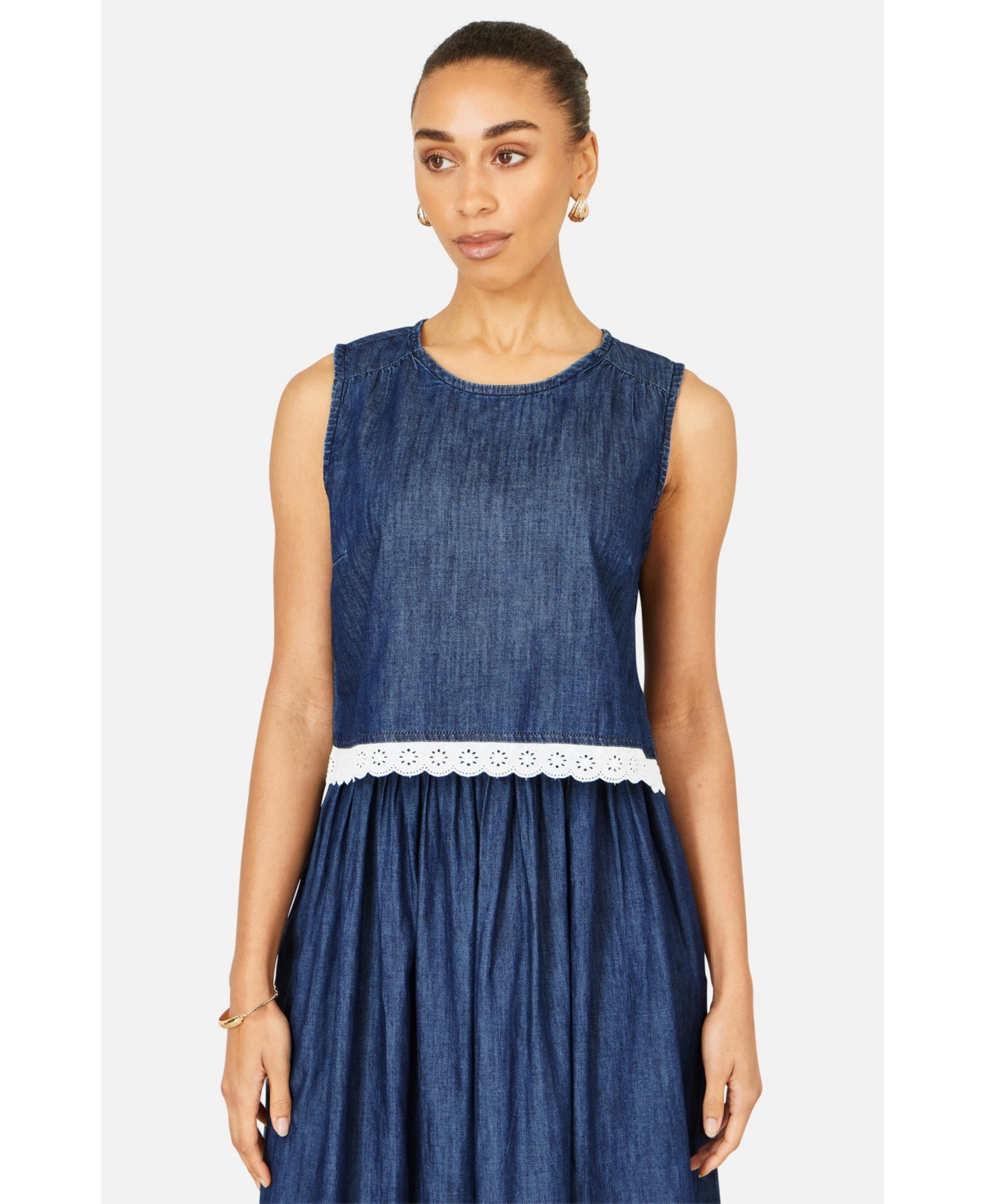 Click here for Yumi Womens Cotton Chambray Lace Trim Top - Blue prices