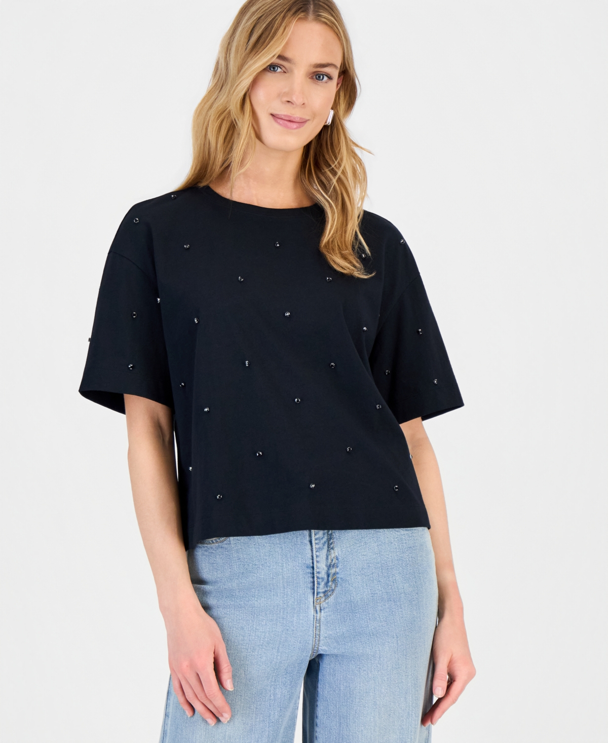 I.n.c. International Concepts Womens Embellished T-Shirt  Macys Exclusive - Deep Black