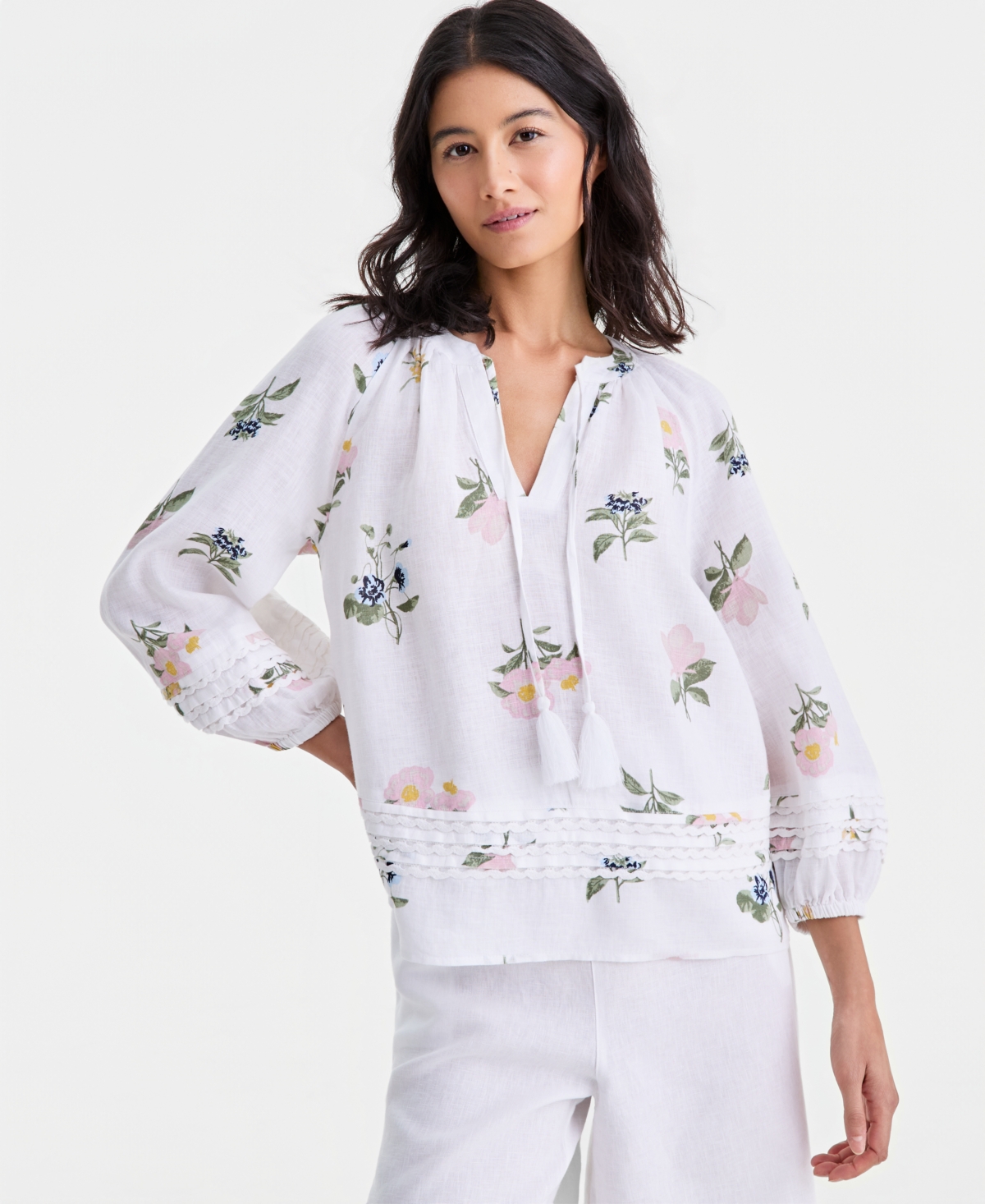 Click here for Charter Club Womens 100 Linen Crochet-Trim Tie-Nec... prices