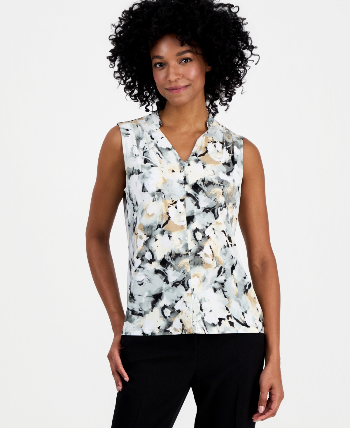 Click here for Anne Klein Womens V-Neck Collared Sleeveless Top -... prices