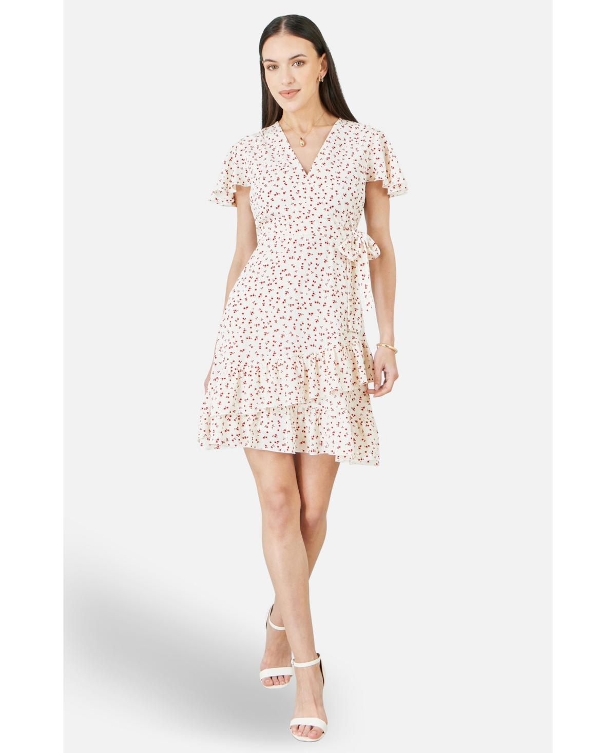 Click here for Yumi Womens Ditsy Print Frill Wrap Dress - White prices