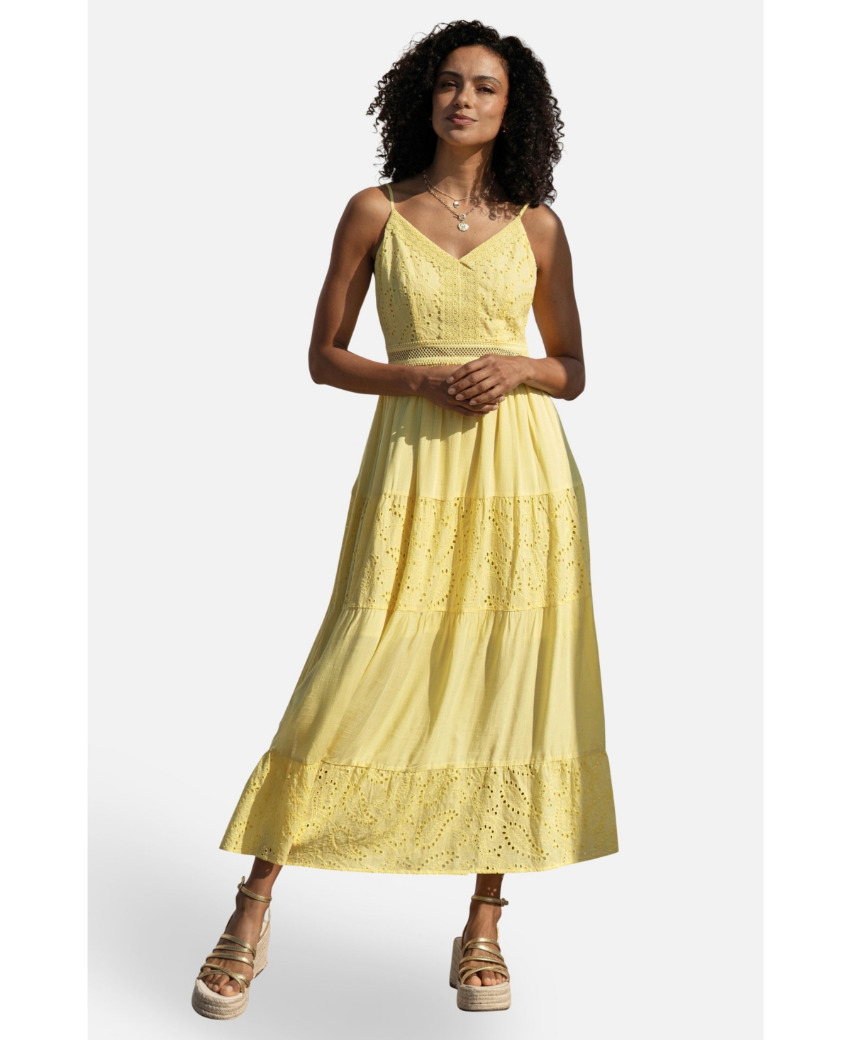 Click here for Yumi Womens Cotton Lace Trim Midi Dress - Butter y... prices