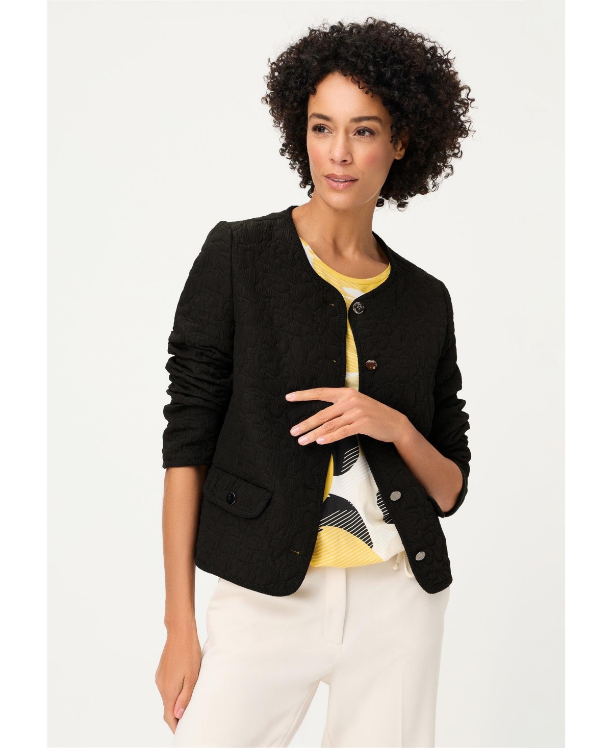 Click here for Olsen Womens Collarless Quilted Jacket - Black prices