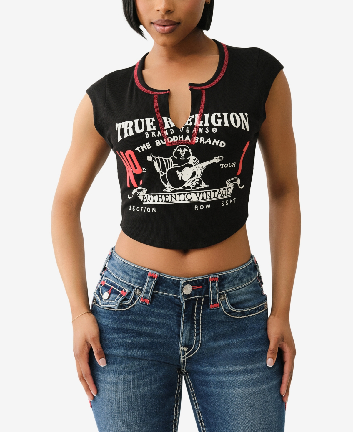 Click here for True Religion Womens Contrast Stitch Buddha V-Notc... prices