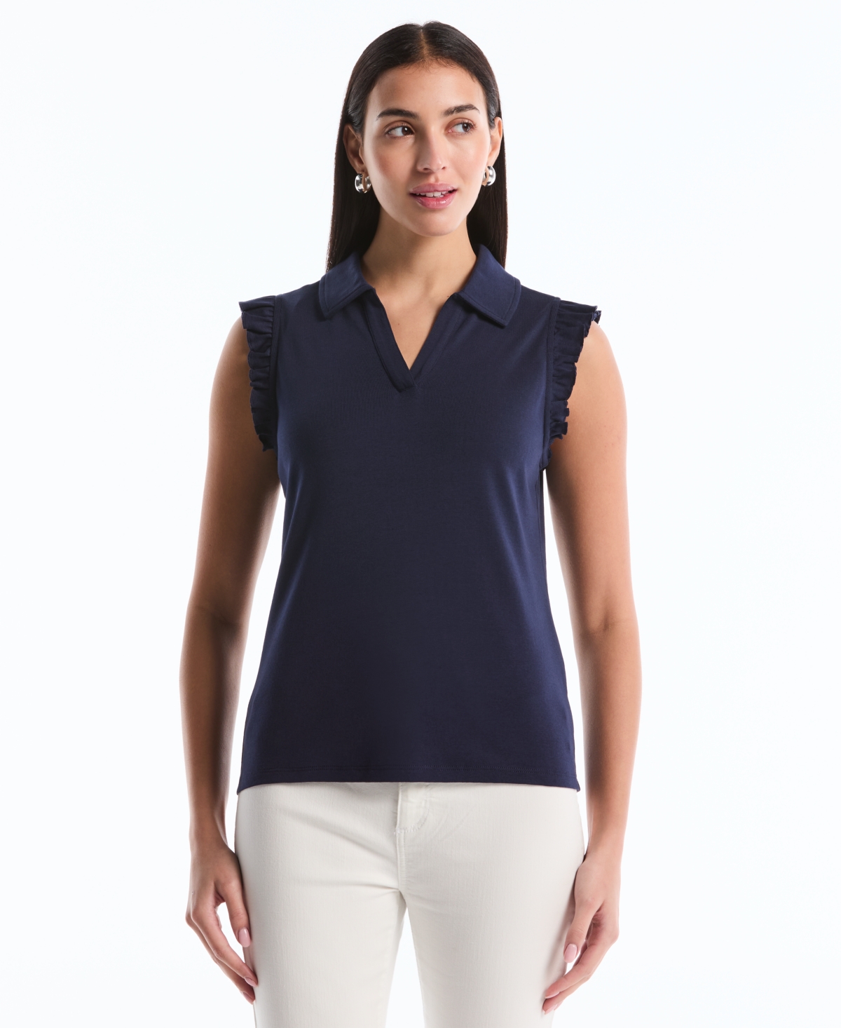 Click here for Rafaella Petite Ruffle Sleeveless Polo Shirt - Pea... prices