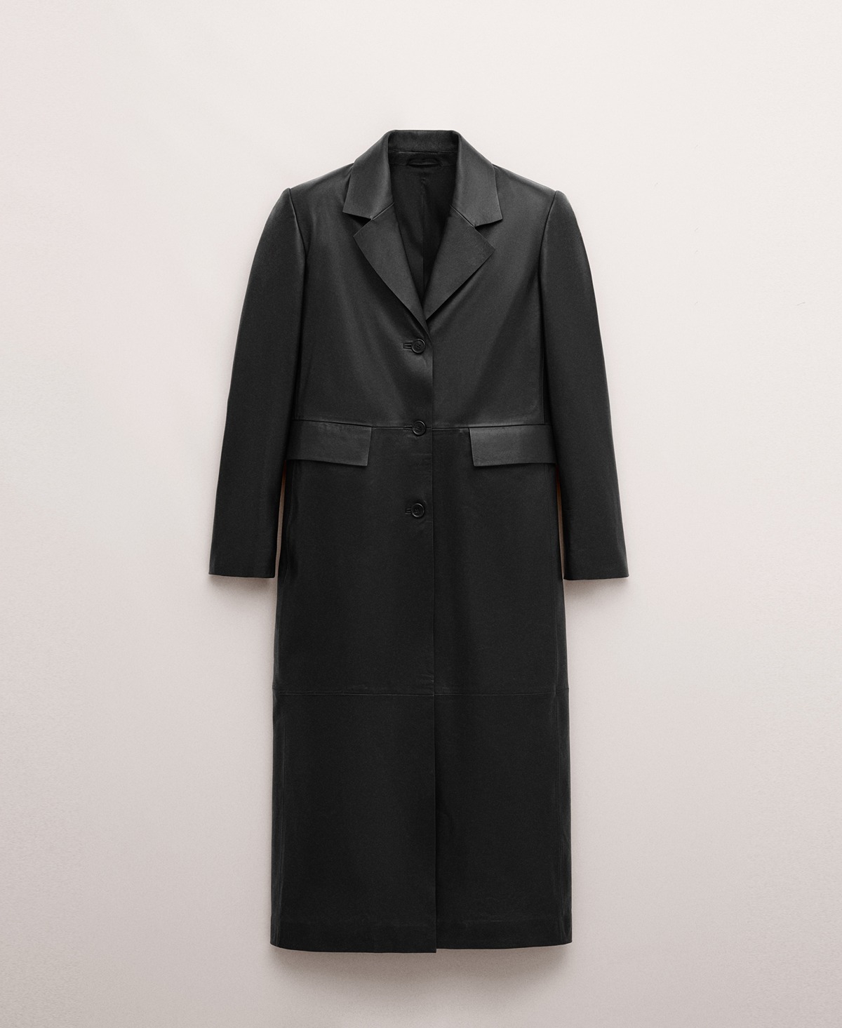 Click here for Mango Womens Leather Pockets Straight Coat - Black prices