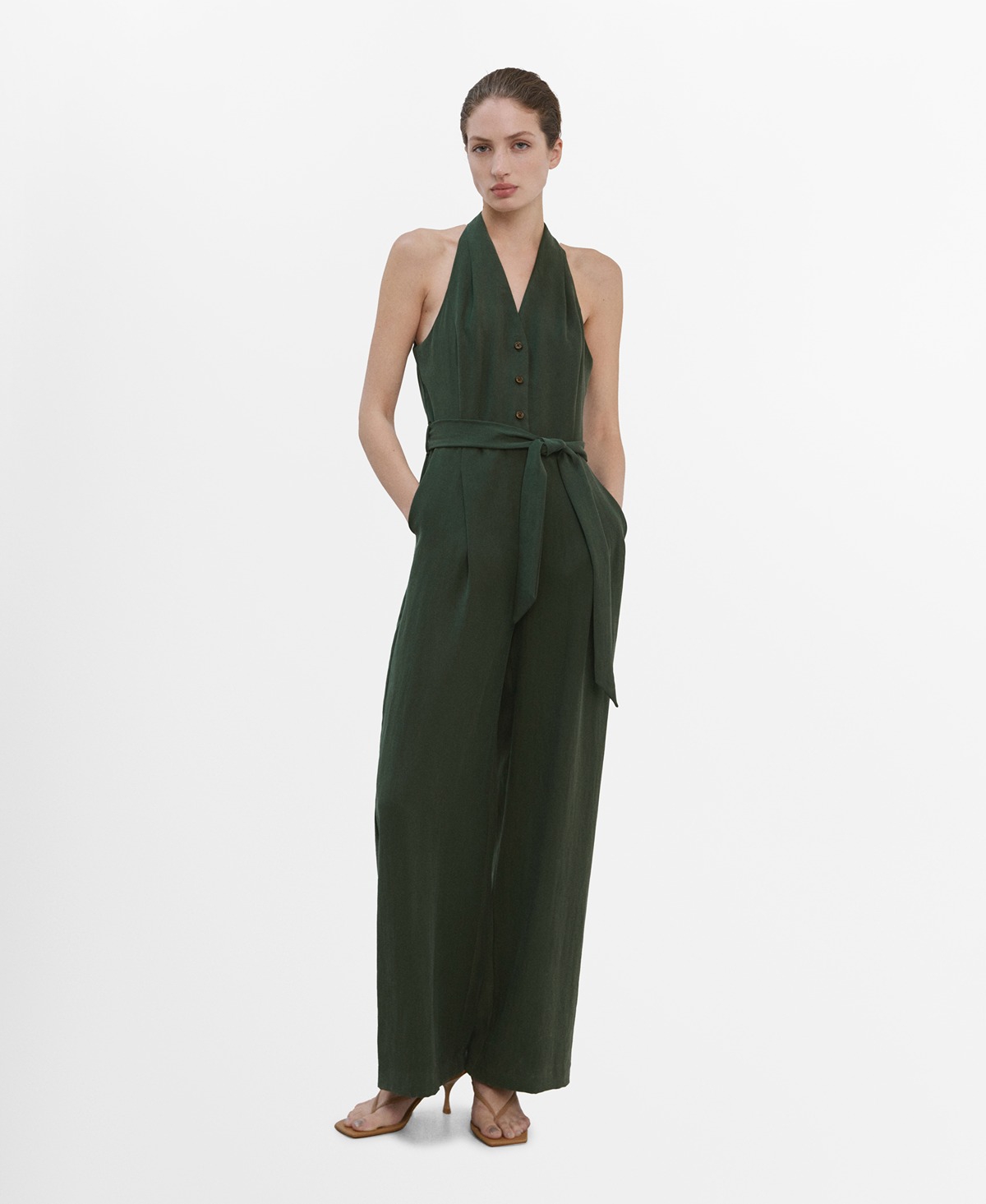 Click here for Mango Womens Halter-Neck Belt Jumpsuit - Khaki prices