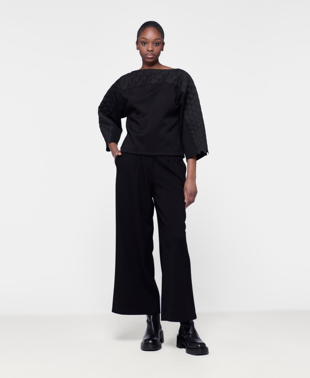 Click here for Leem Womens Quilted Embroidered Top - Black prices