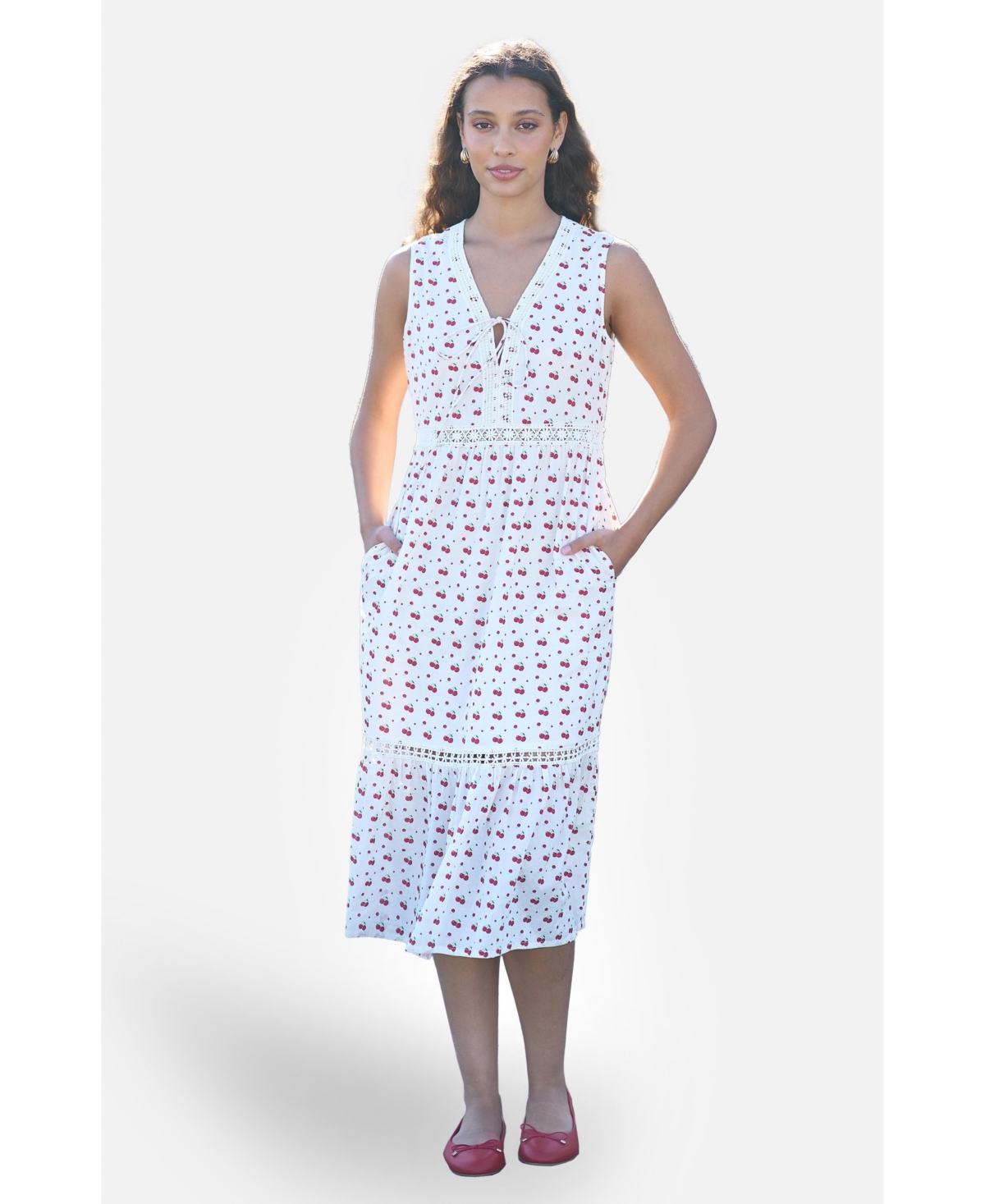 Click here for Yumi Womens Cherry Print Lace Trim Cotton Midi Dre... prices