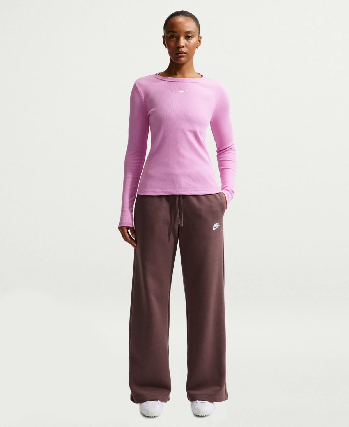 Nike Womens Sportswear Club Fleece Mid-Rise Wide-Leg Sweatpants - Tattoo/white