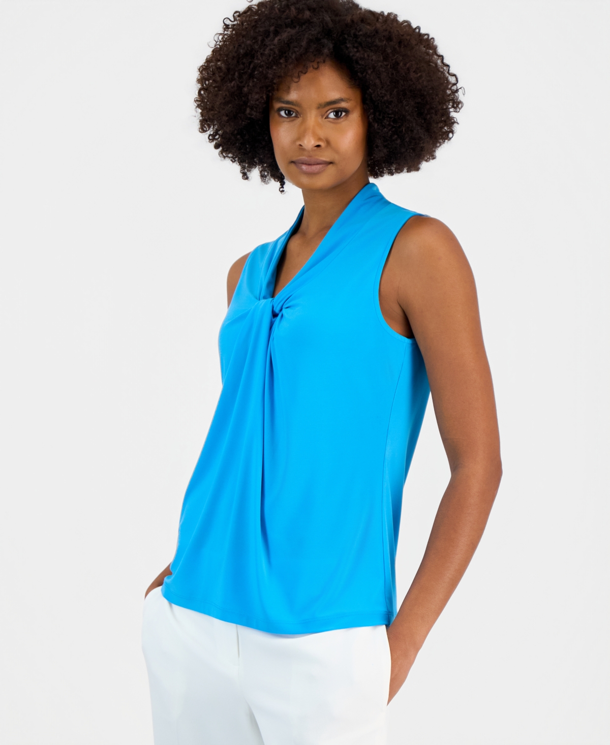 Click here for Kasper Womens Sleeveless Knotted-Front Top - Brigh... prices