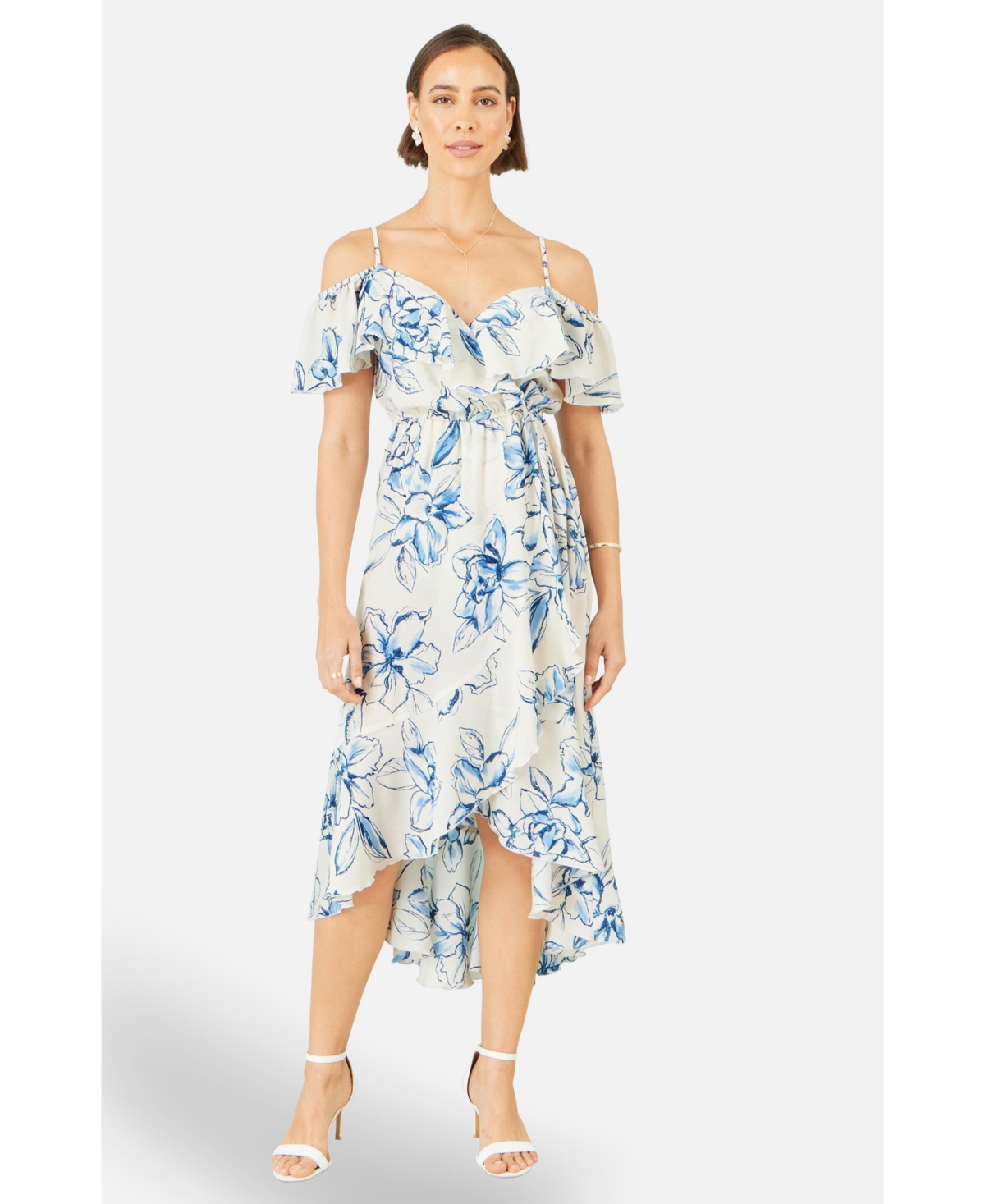 Click here for Yumi Womens Floral Print Bardot Midi Dress - White prices