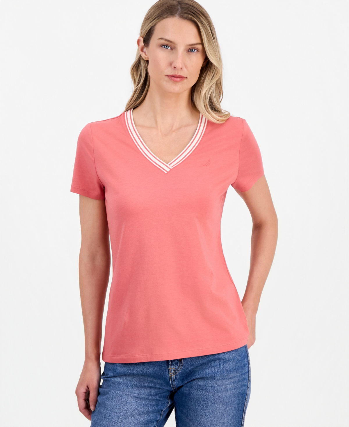 Click here for Nautica Jeans Womens Solid Stripe-Trim V-Neck - Mi... prices