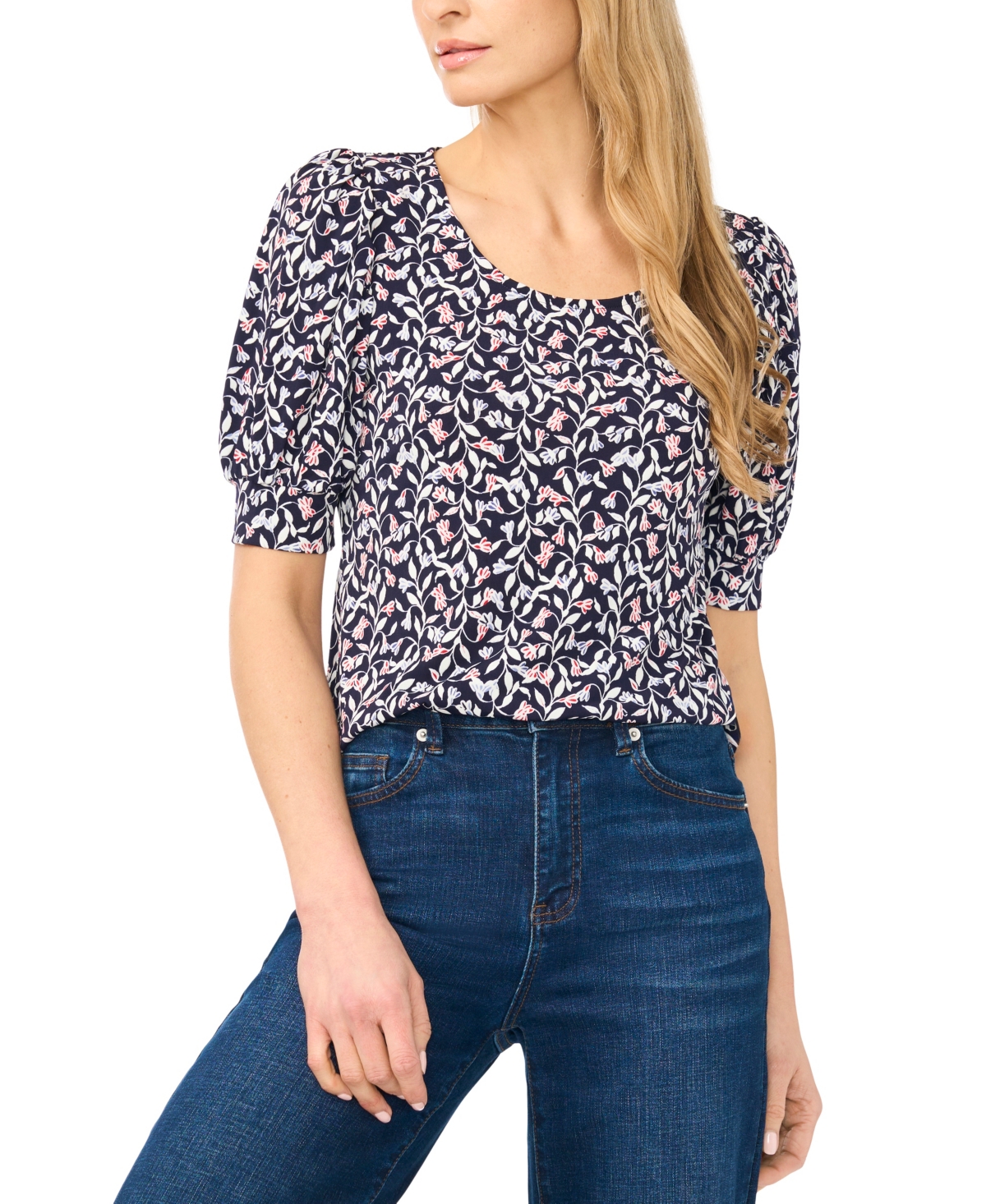 Click here for CeCe Womens Printed Crew Neck Top - Classic Navy prices