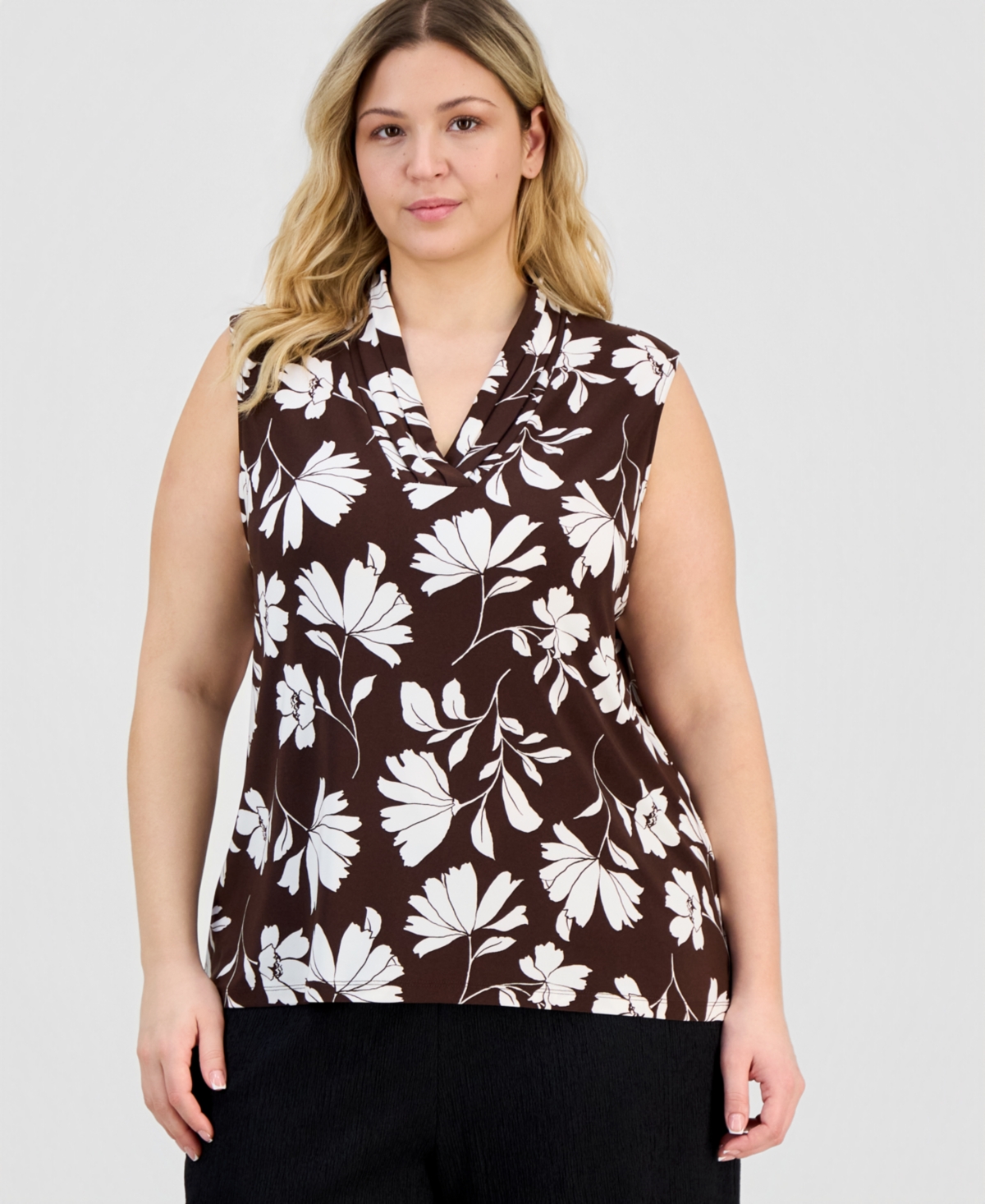 Click here for Anne Klein Plus Size Pleated-Neck Sleeveless Top -... prices