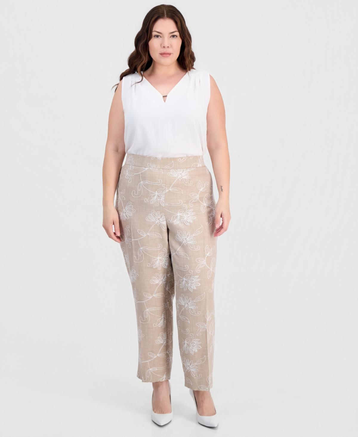 Click here for Kasper Plus Size Embroidered Pull-On Pants - Straw... prices