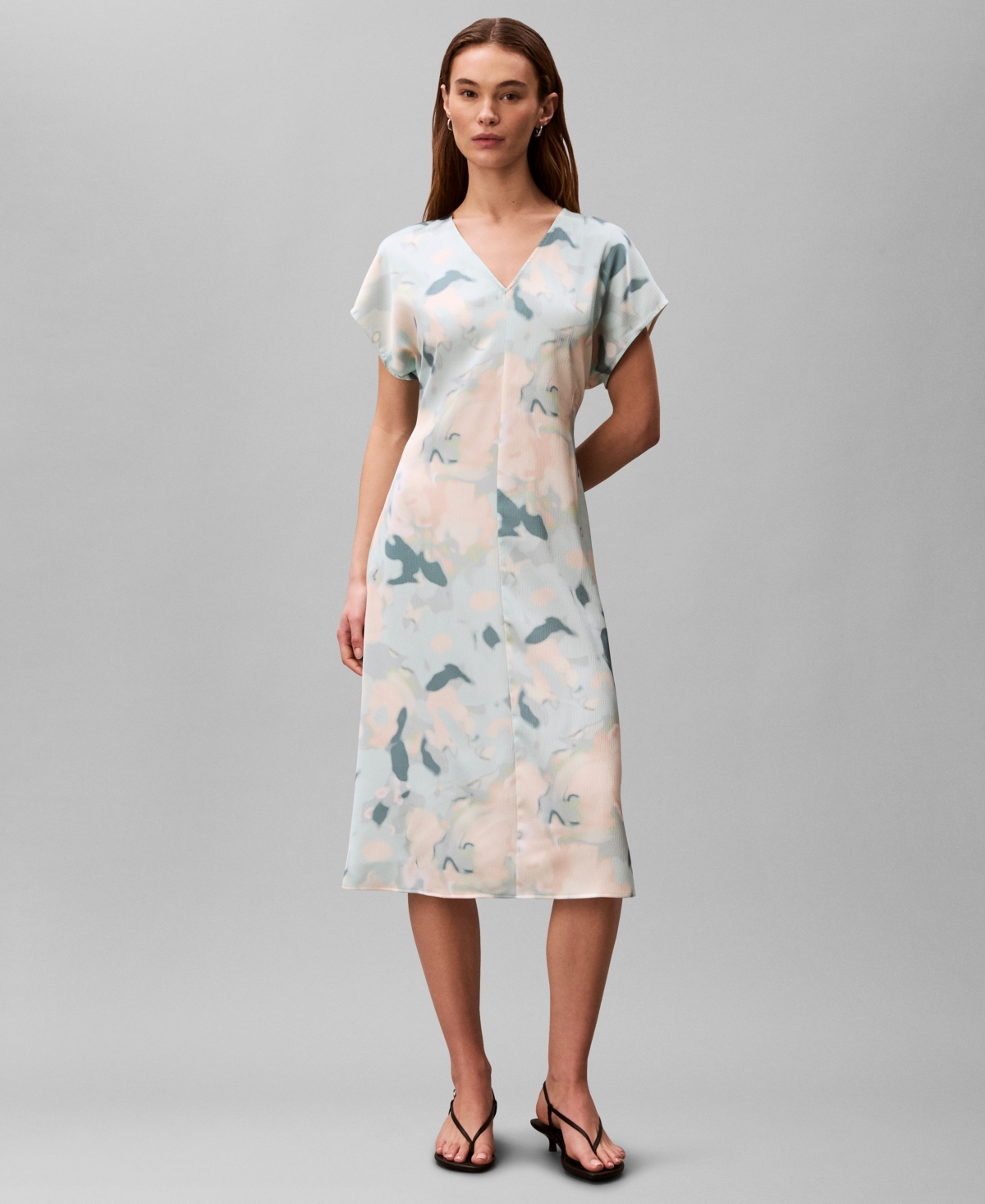 Click here for Calvin Klein Womens Satin Print V-Neck Midi Dress... prices