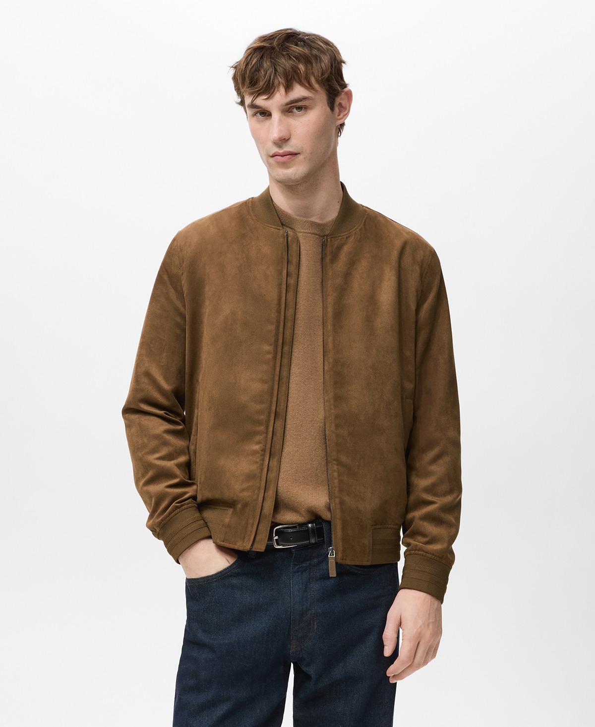 Click here for Mango Mens Suede-Effect Bomber Jacket - Cognac prices