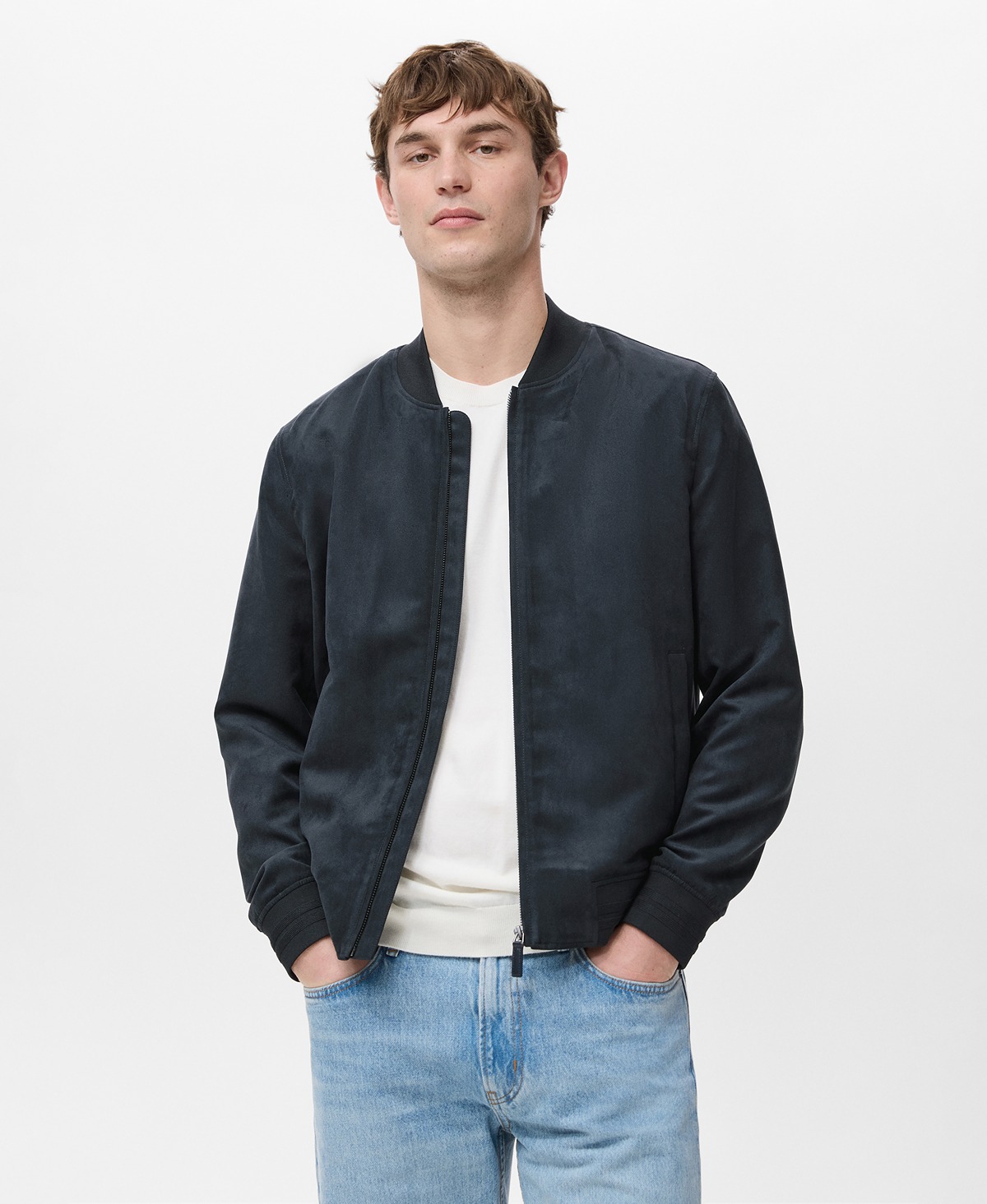 Click here for Mango Mens Suede-Effect Bomber Jacket - Navy prices