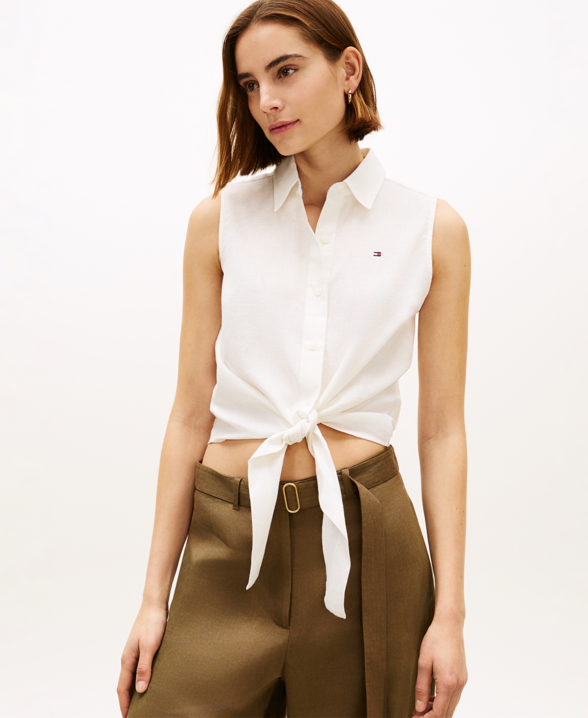 Click here for Tommy Hilfiger Womens Knotted Collared Top - Ecru prices
