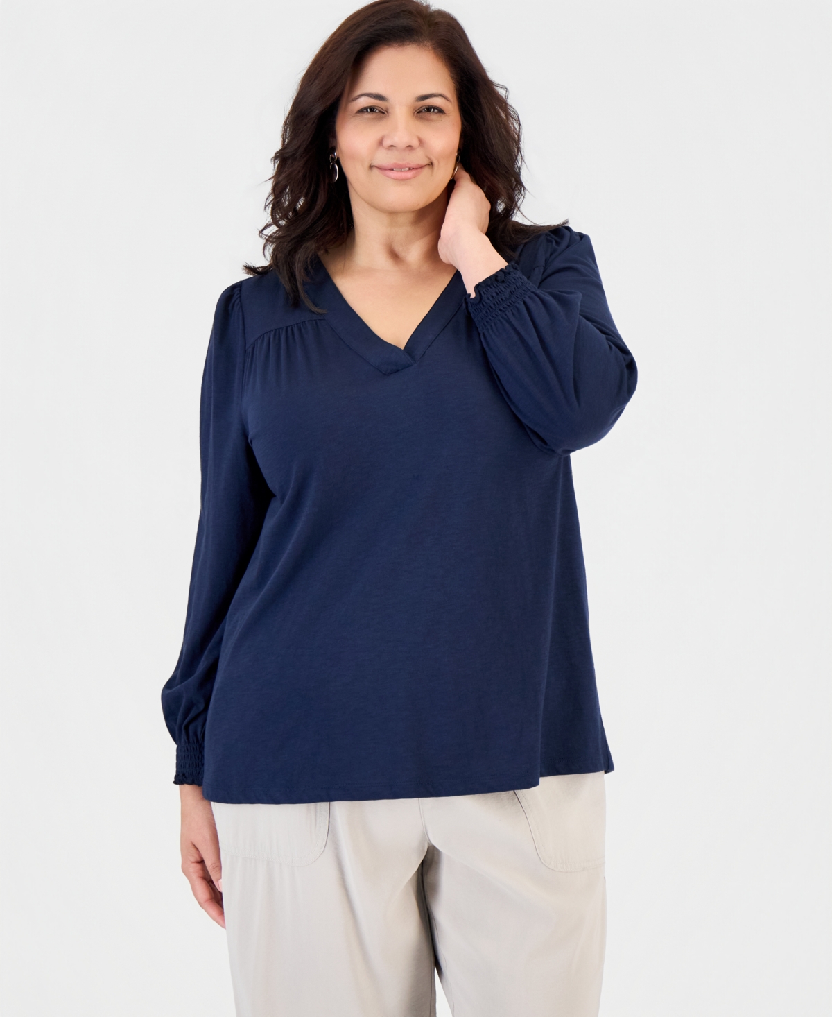 Click here for Style & Co Plus Size V-Neck Smocked-Cuff Long-Slee... prices