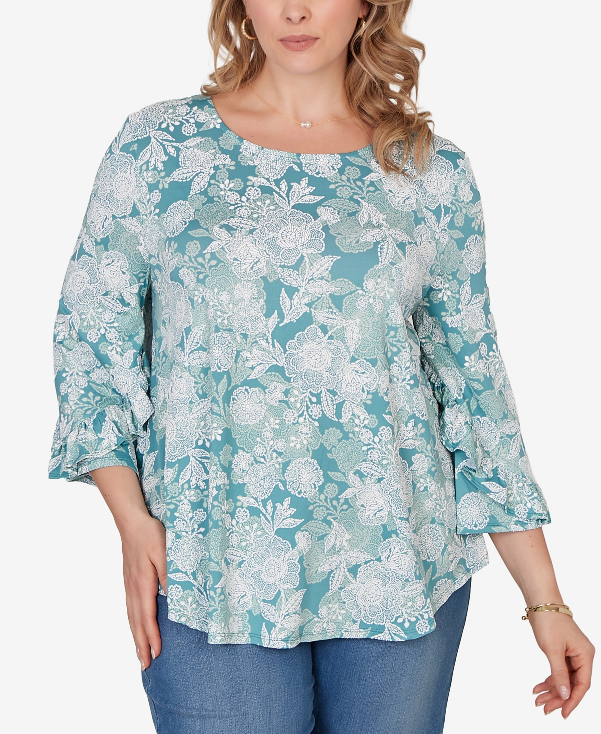 Click here for Ruby Rd. Plus Size Floral Puff Print Ruffle Knit T... prices