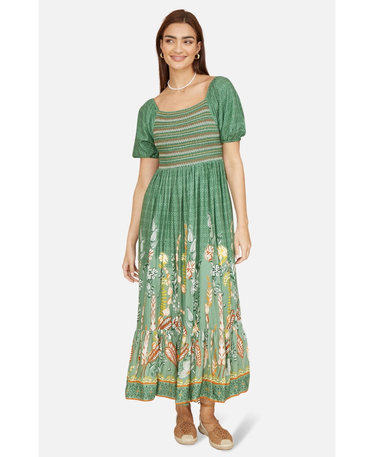 Click here for Yumi Womens Ruched Leaf Print Maxi Dress - Green prices