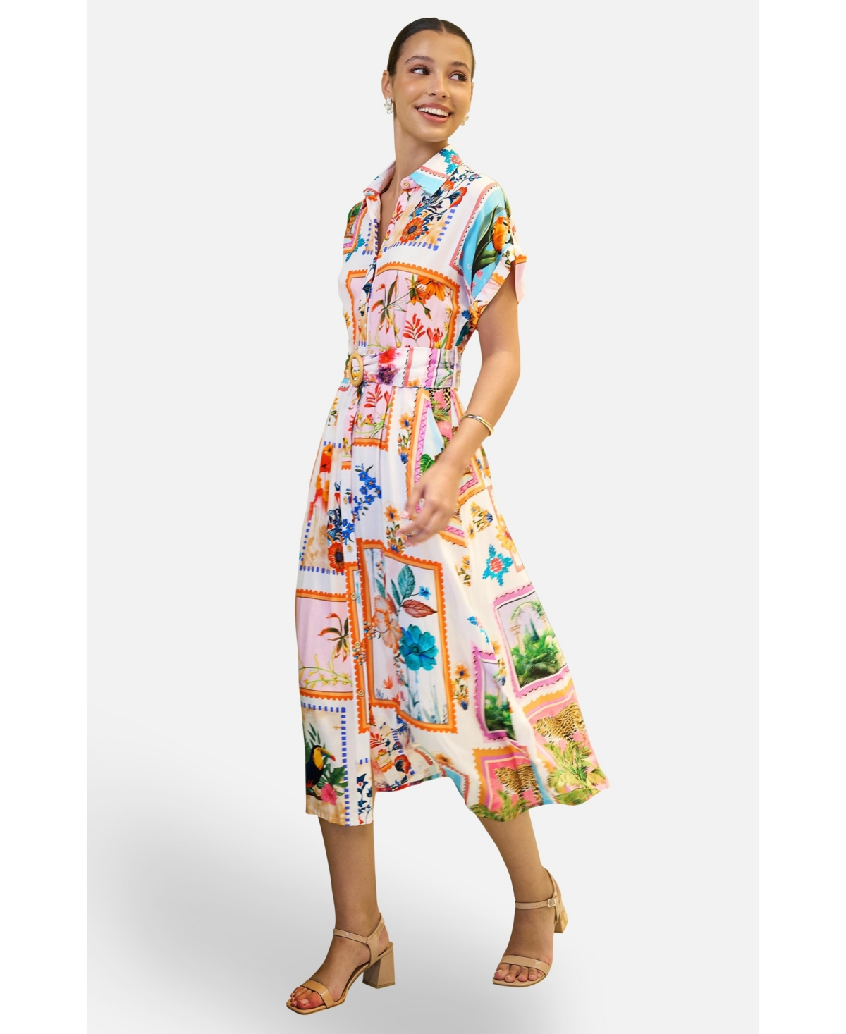 Click here for Yumi Womens Tropical Postcard Print Midi Shirt Dre... prices