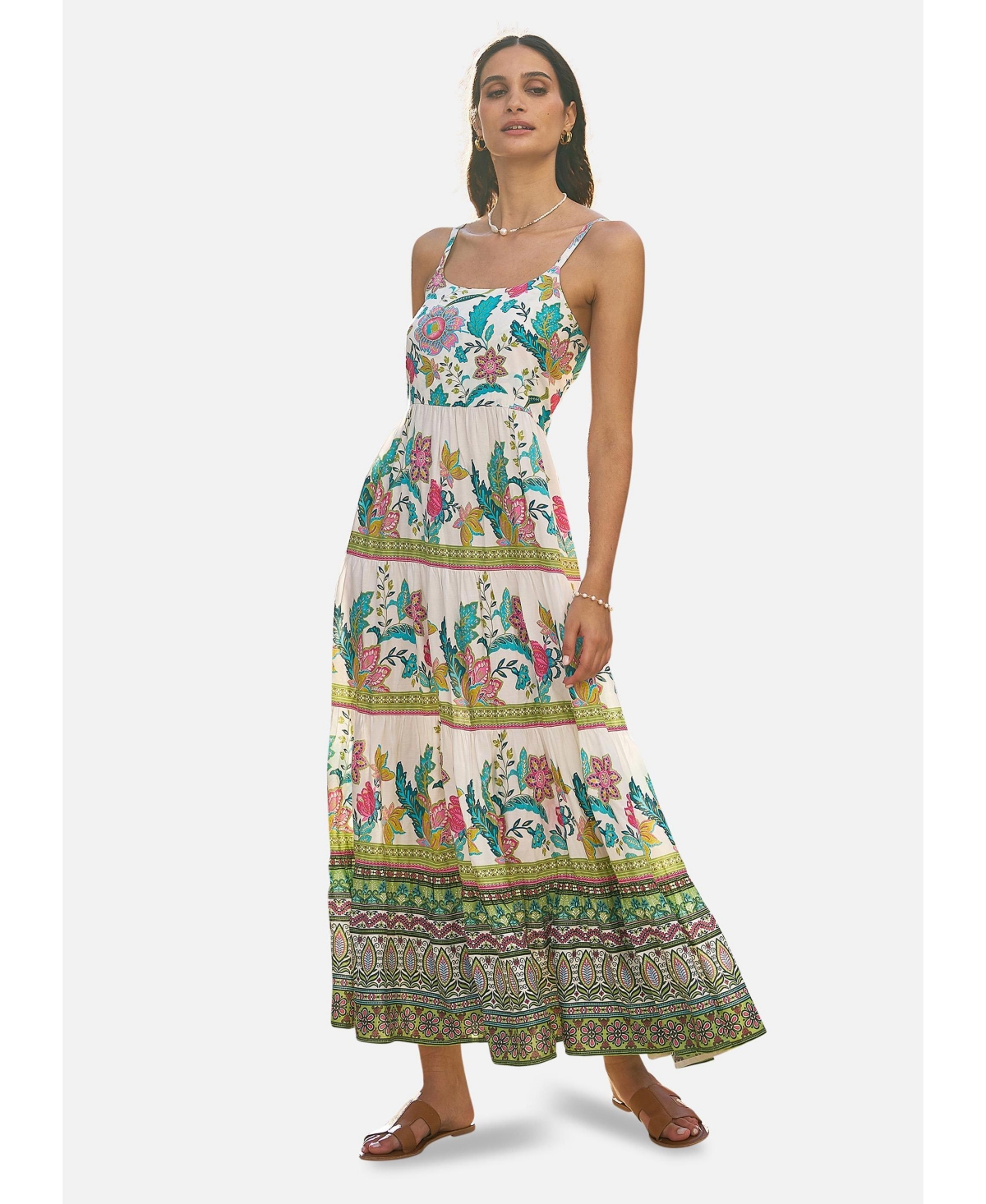 Click here for Yumi Womens Floral Block Print Tiered Maxi Sun Dre... prices