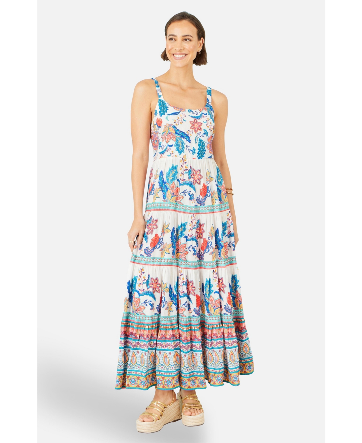 Click here for Yumi Womens Floral Block Print Tiered Maxi Sun Dre... prices