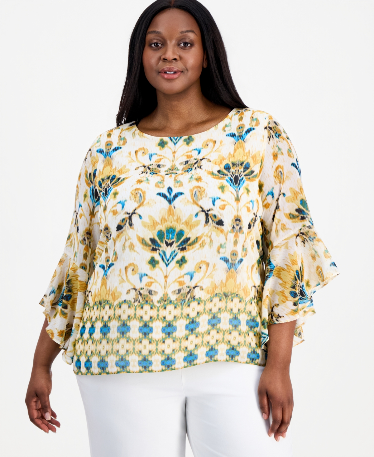 Click here for Kasper Plus Size Border-Print Ruffle-Sleeve Top -... prices