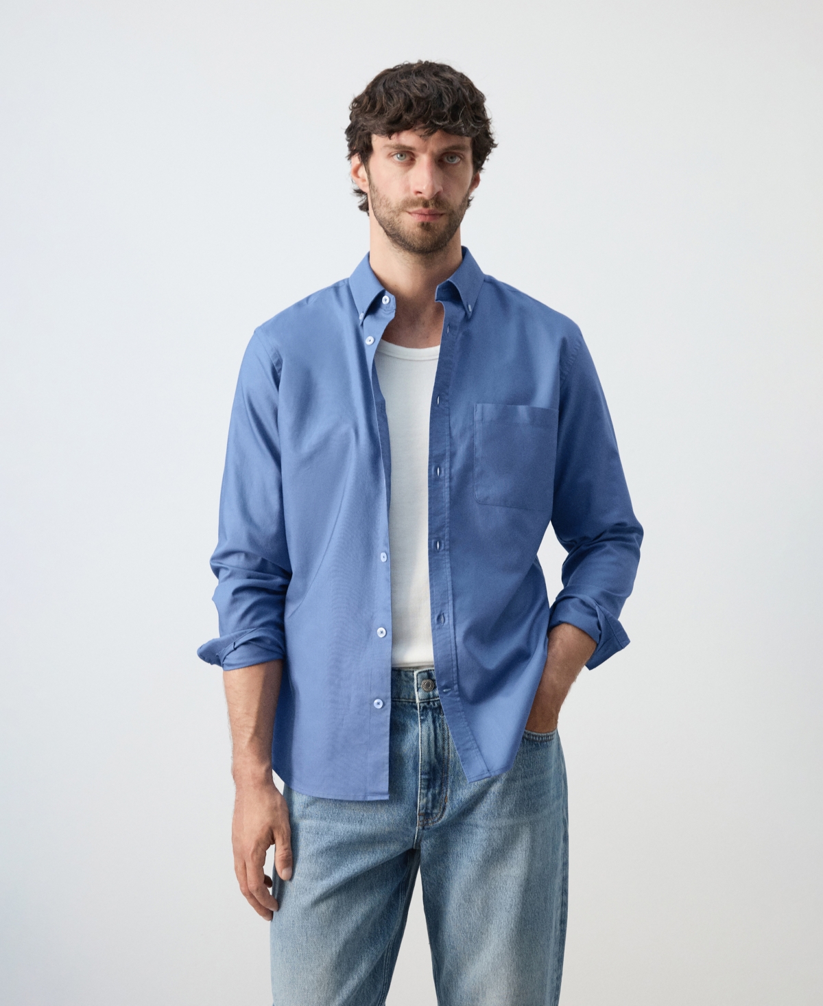 Click here for Mango Mens Cotton Regular-Fit Oxford Shirt - Ink B... prices