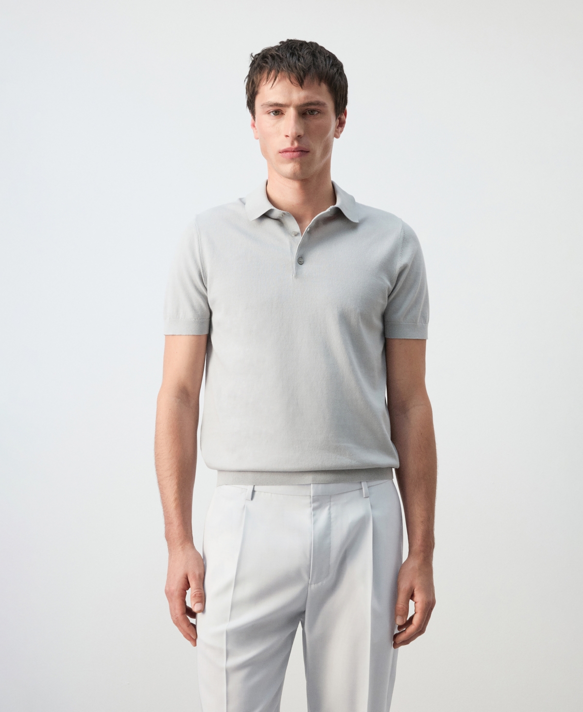 Click here for Mango Mens Cotton Fine-Knit Polo Shirt - Ice Gray prices