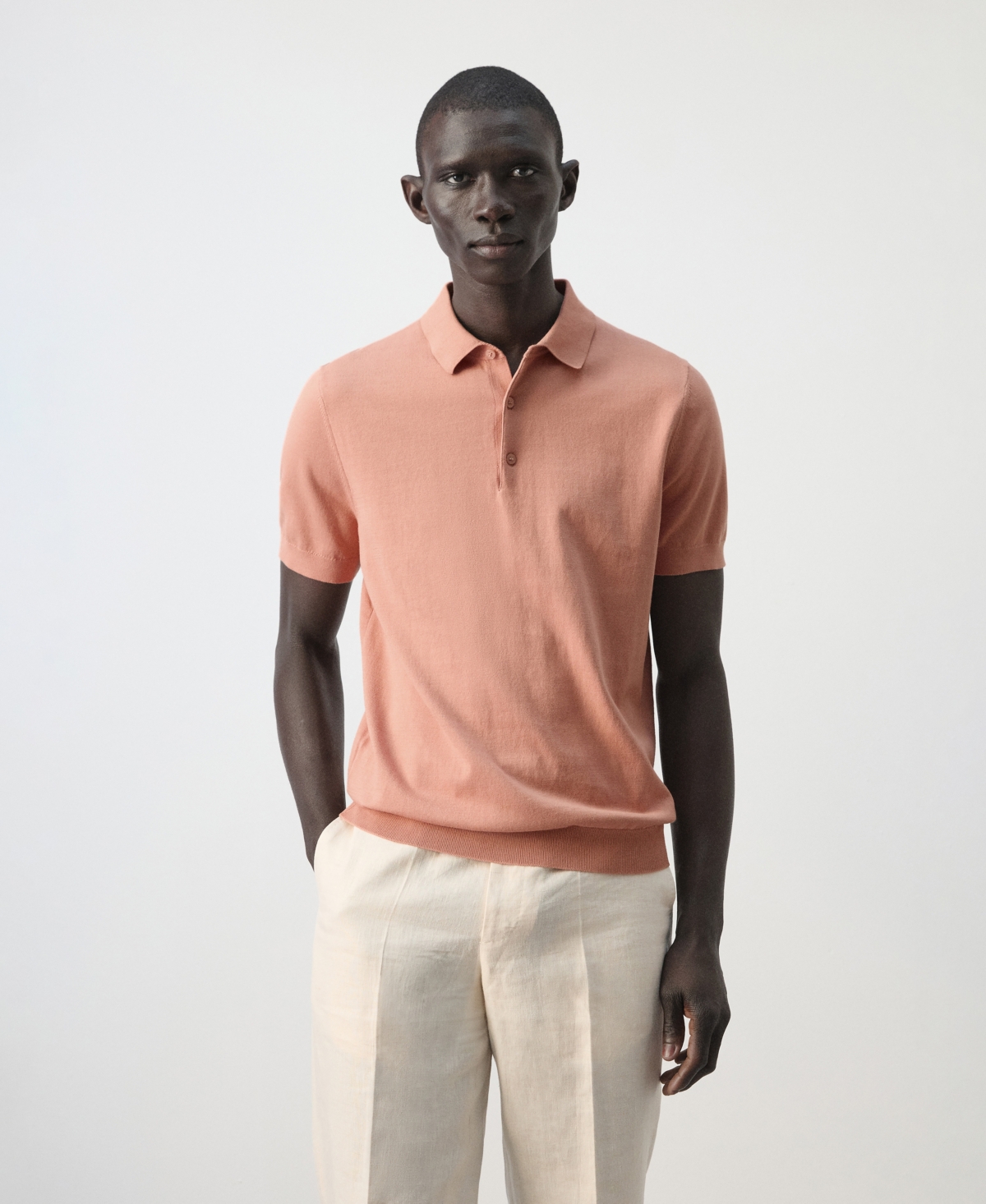 Click here for Mango Mens Cotton Fine-Knit Polo Shirt - Peach prices
