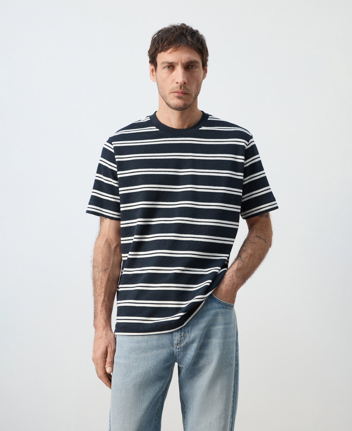 Click here for Mango Mens Regular-Fit Striped T-Shirt - Navy prices