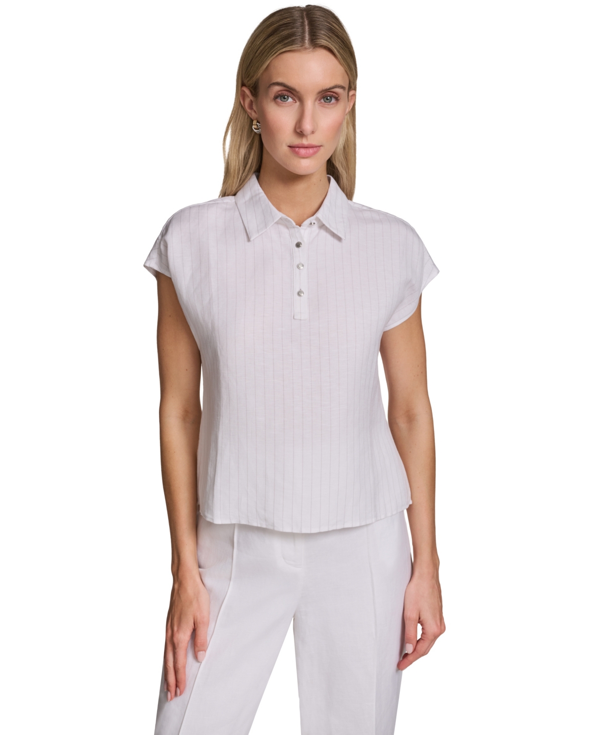 Click here for Calvin Klein Petite Short-Sleeve Collared Top - Wh... prices