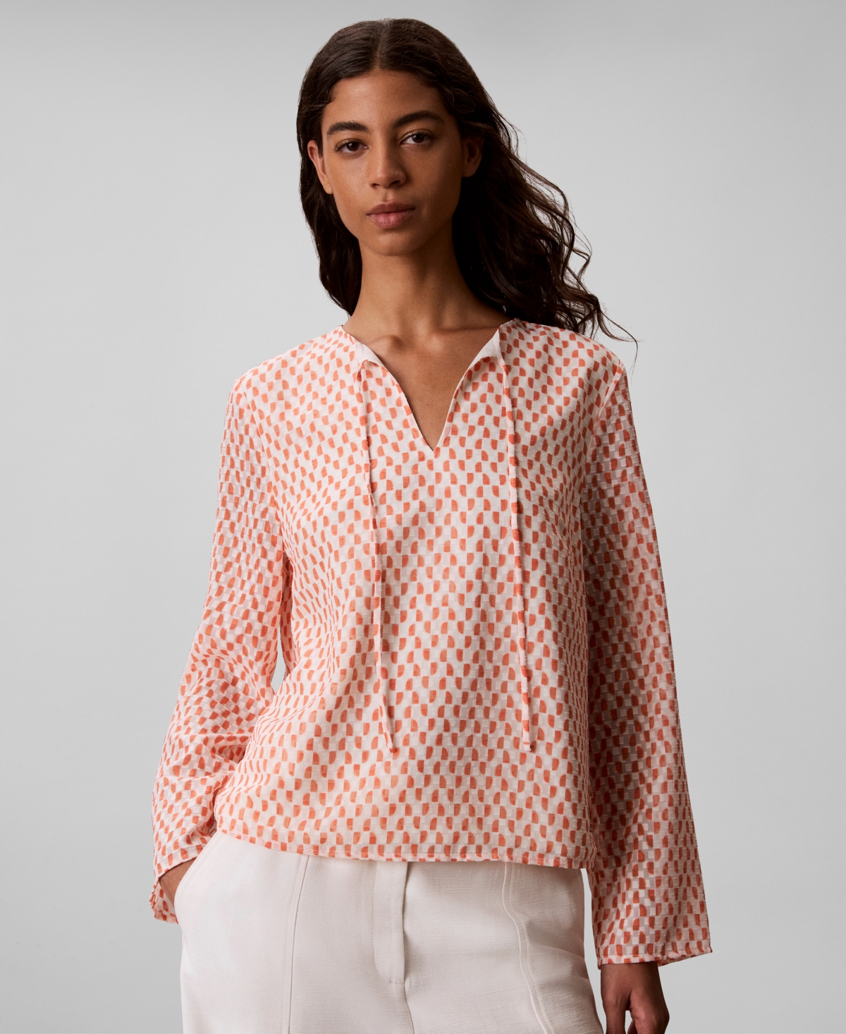 Click here for Calvin Klein Womens Long-Sleeve Tie-Neck Printed T... prices