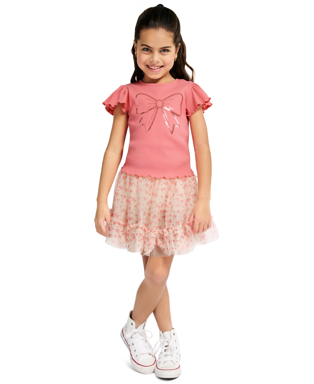 Kids Headquarters Girls 4-6X Flutter Sleeve Ribbed Top and Printed Tulle Skort  2-Piece Set - Pink