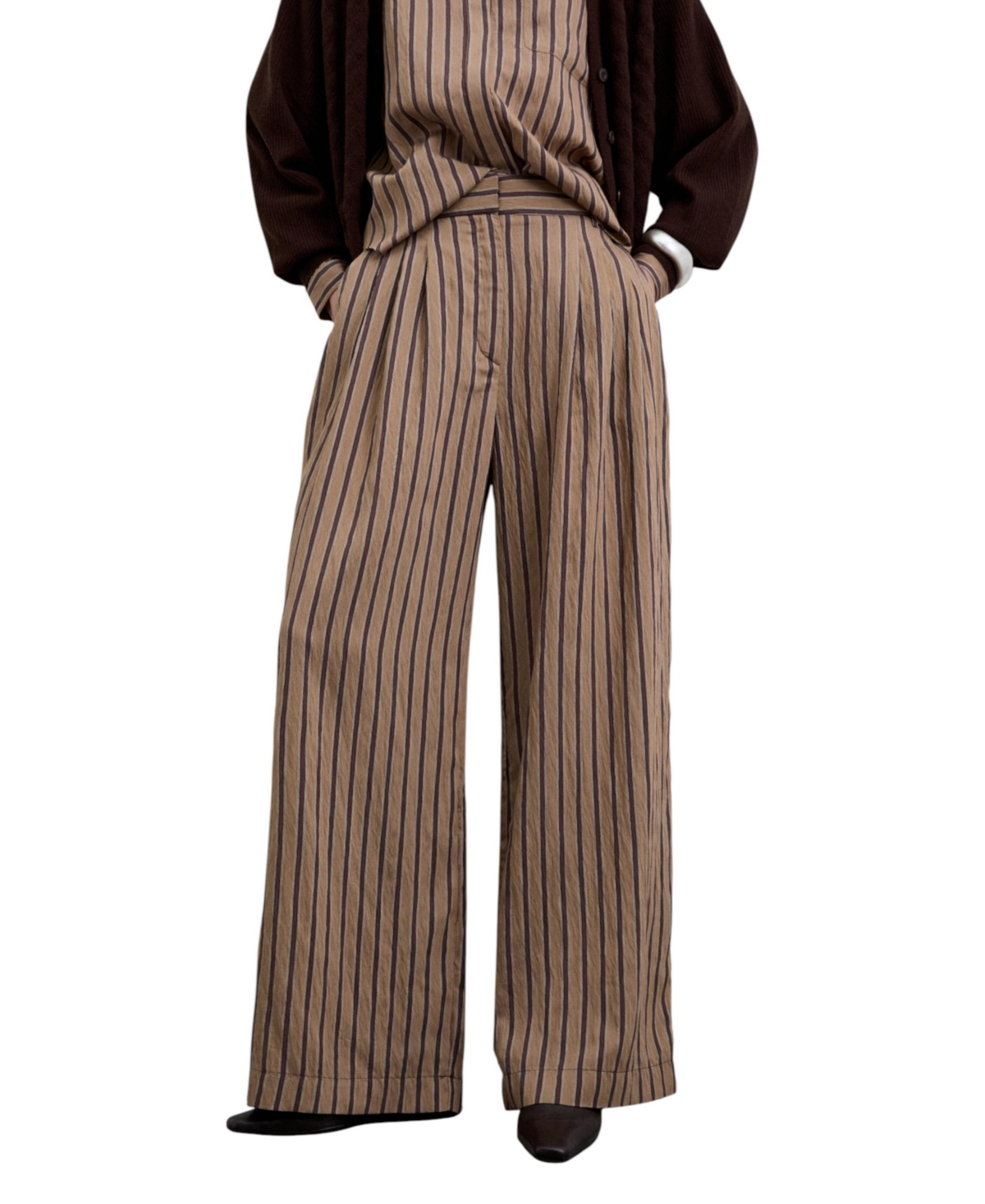 Click here for Scalpers Womens Striped Pleated Trousers - Brownst... prices