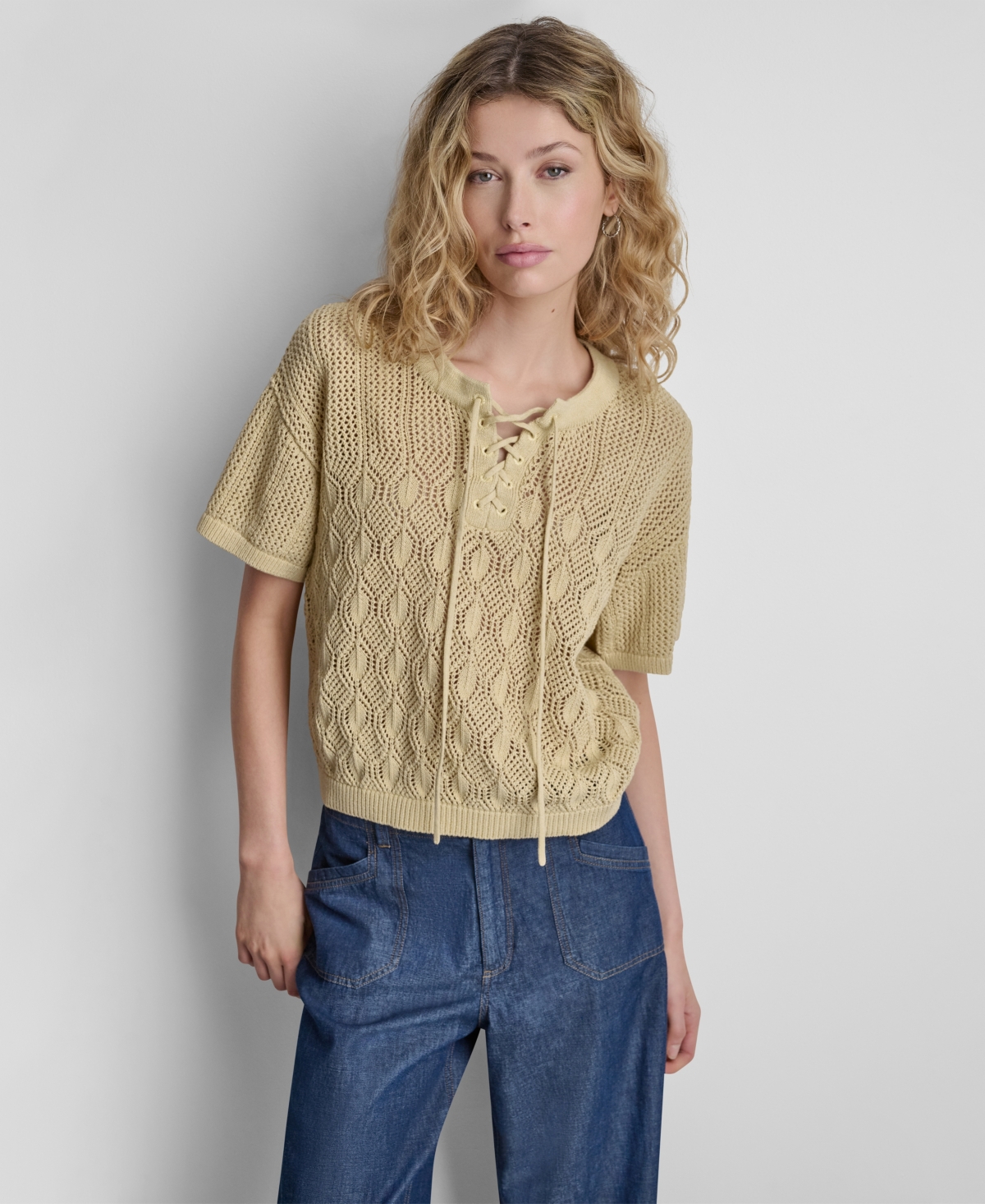 Click here for Dkny Womens Textured Pointelle Lace Front Top - Mo... prices