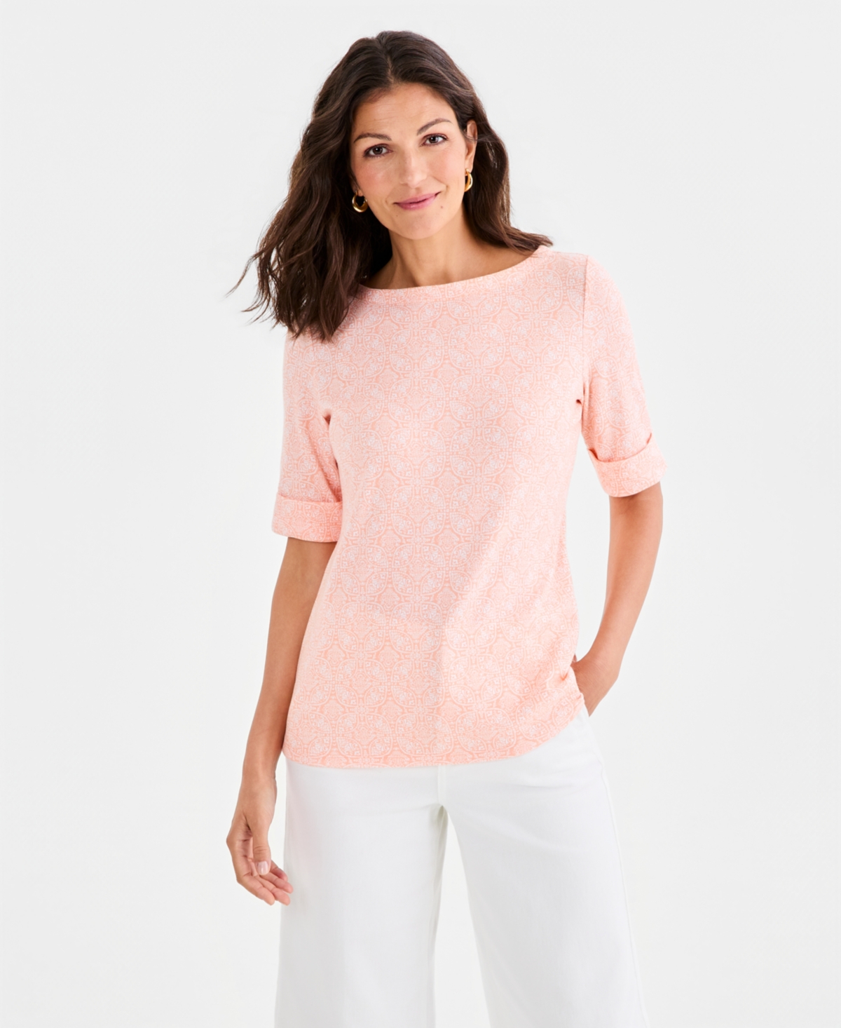 Click here for Style & Co Womens Printed Boat-Neck Elbow-Sleeve T... prices