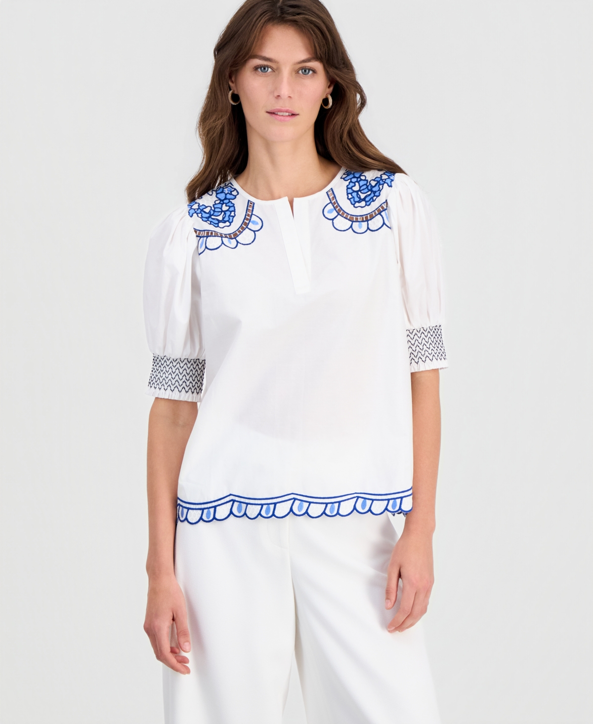 Click here for T Tahari Womens Cotton Embroidered-Trim Split-Neck... prices